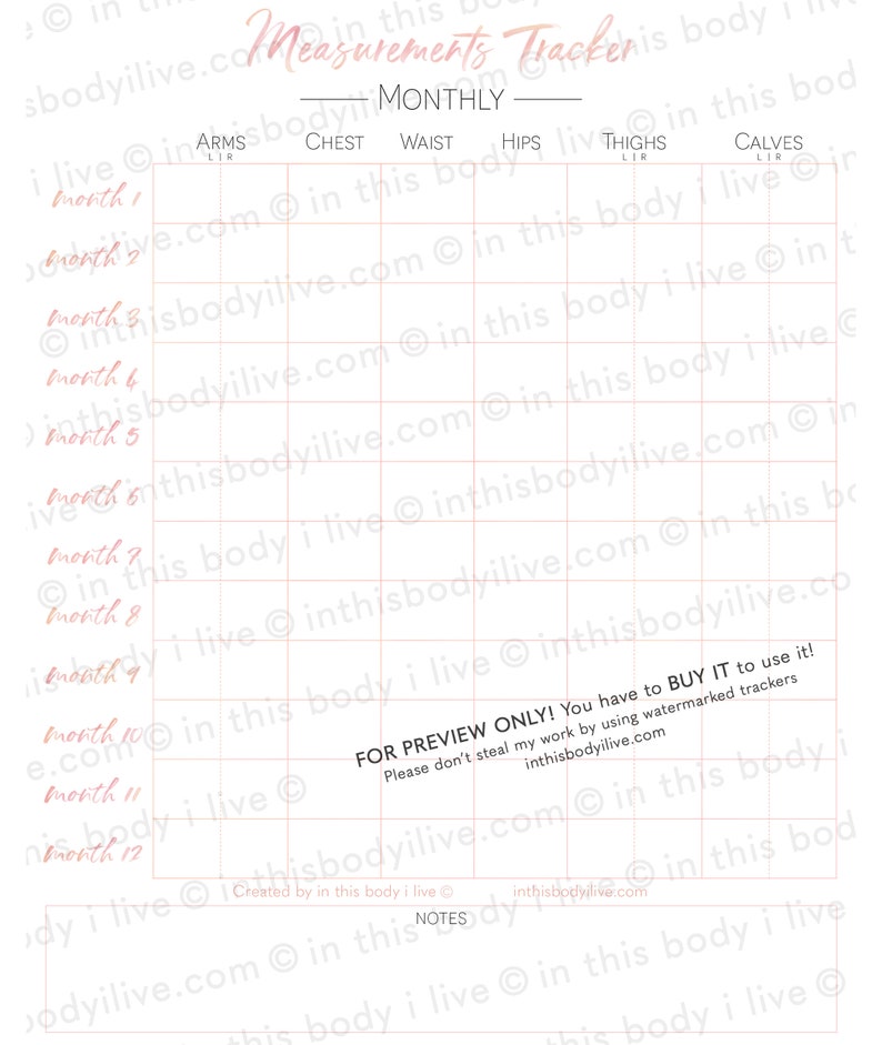 Monthly Measurements Chart Inches Lost Tracker Digital - Etsy