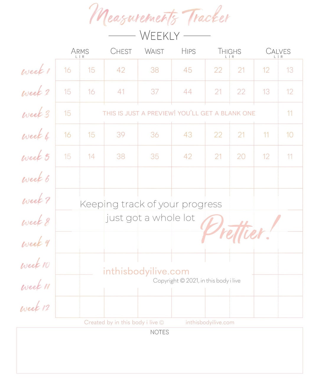 Weekly Measurements Tracker Inches Lost Chart Digital Download ...