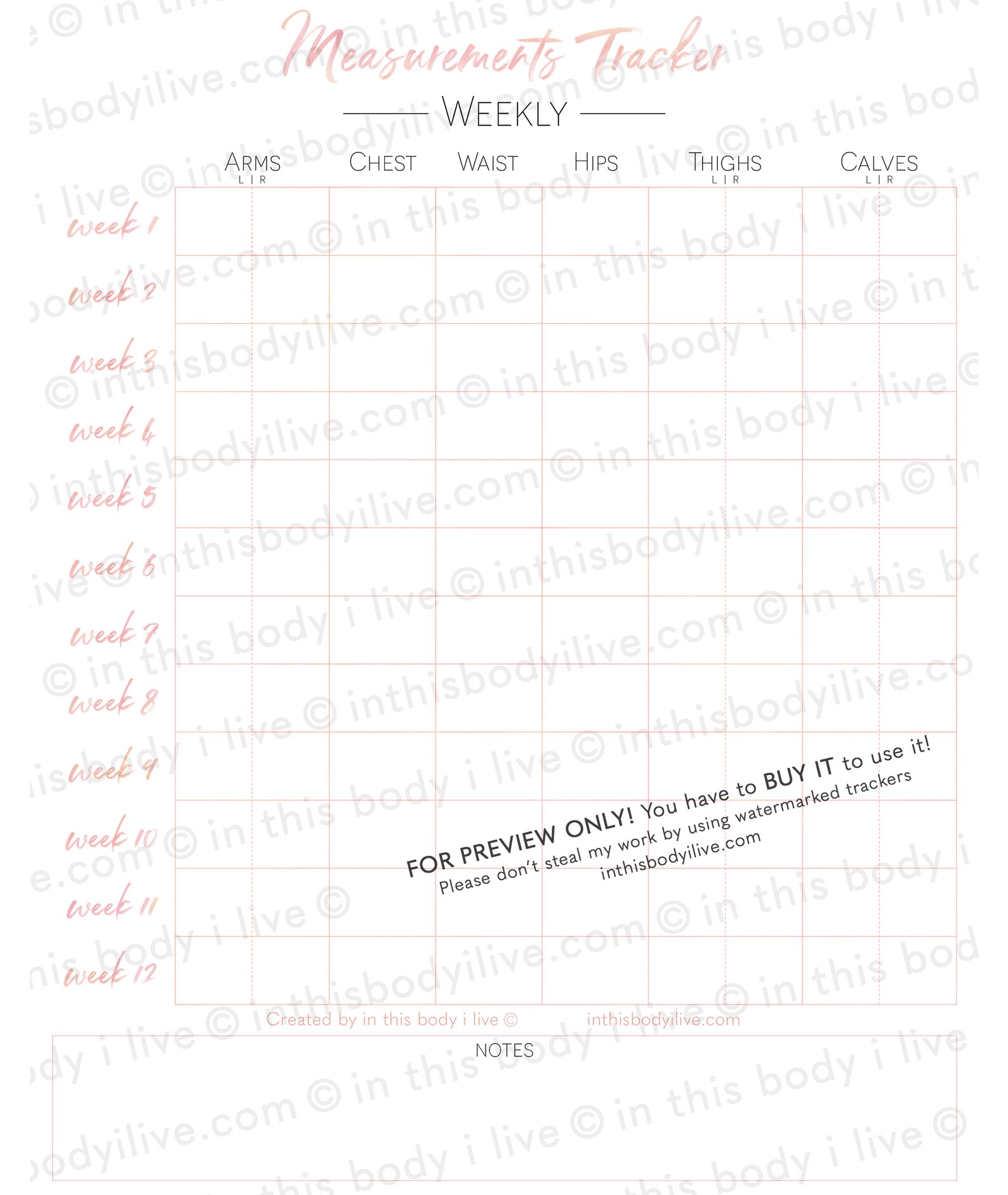 Weekly Measurements Tracker Inches Lost Chart Digital Download ...