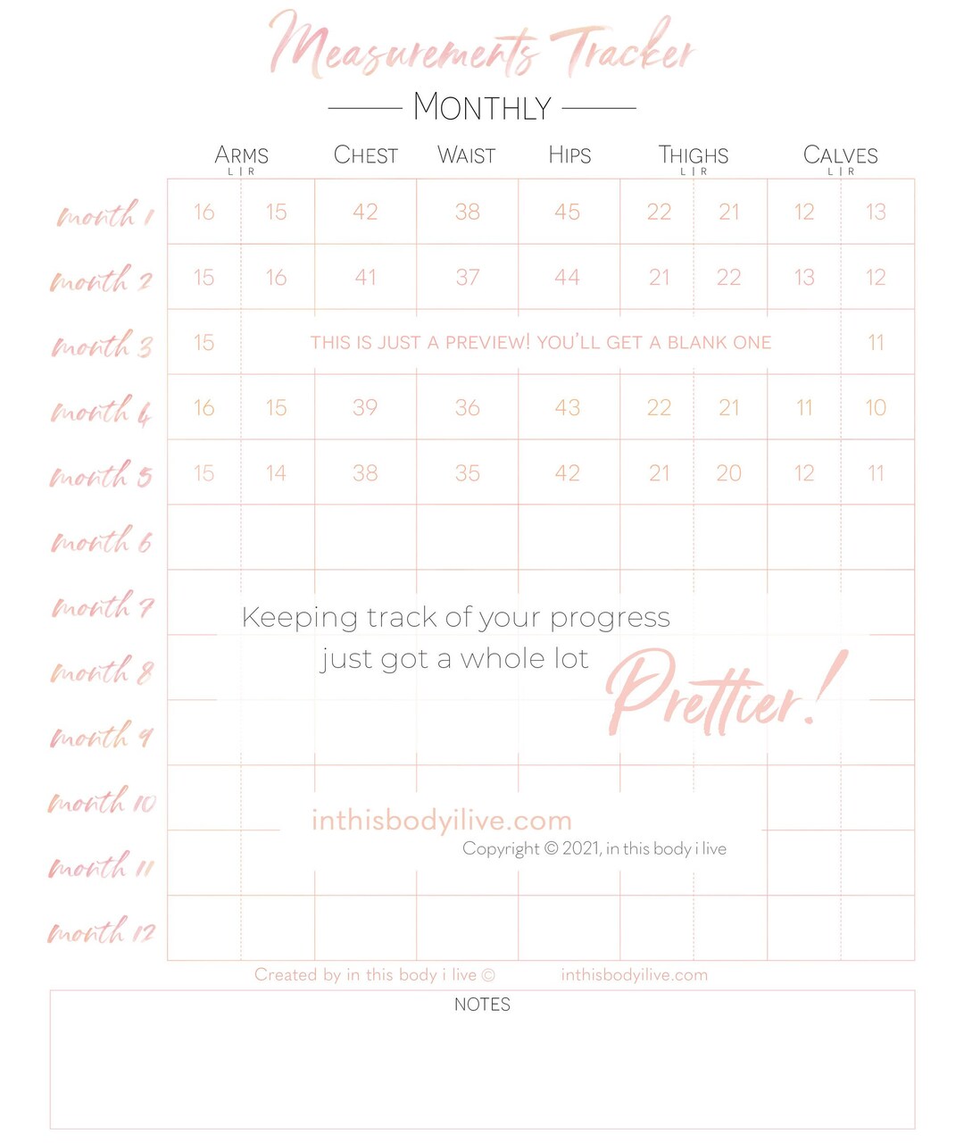 Monthly Measurements Chart Inches Lost Tracker Digital - Etsy