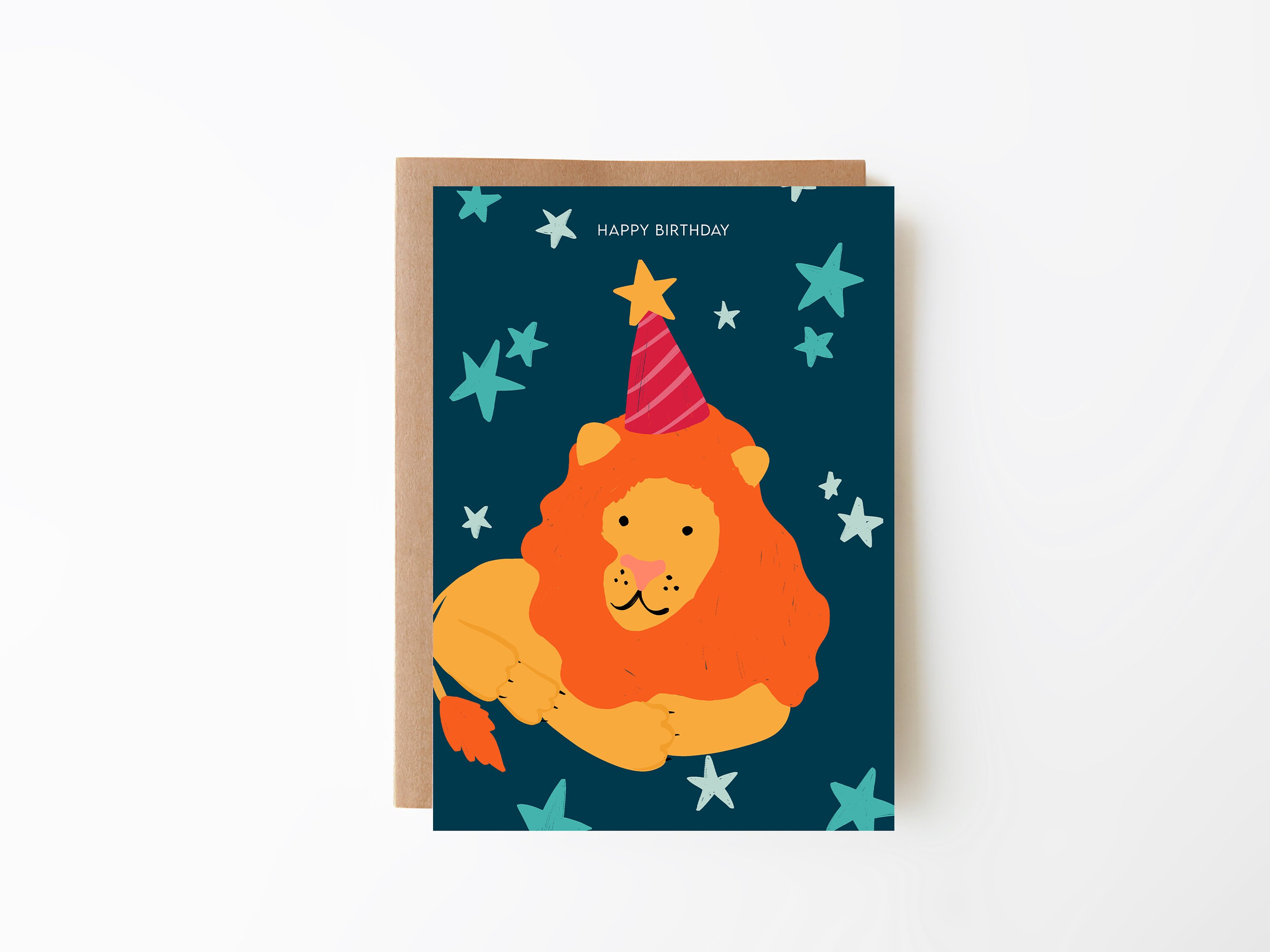 Happy Birthday Lion Celebration Card Wild Cat Animal Party | Etsy