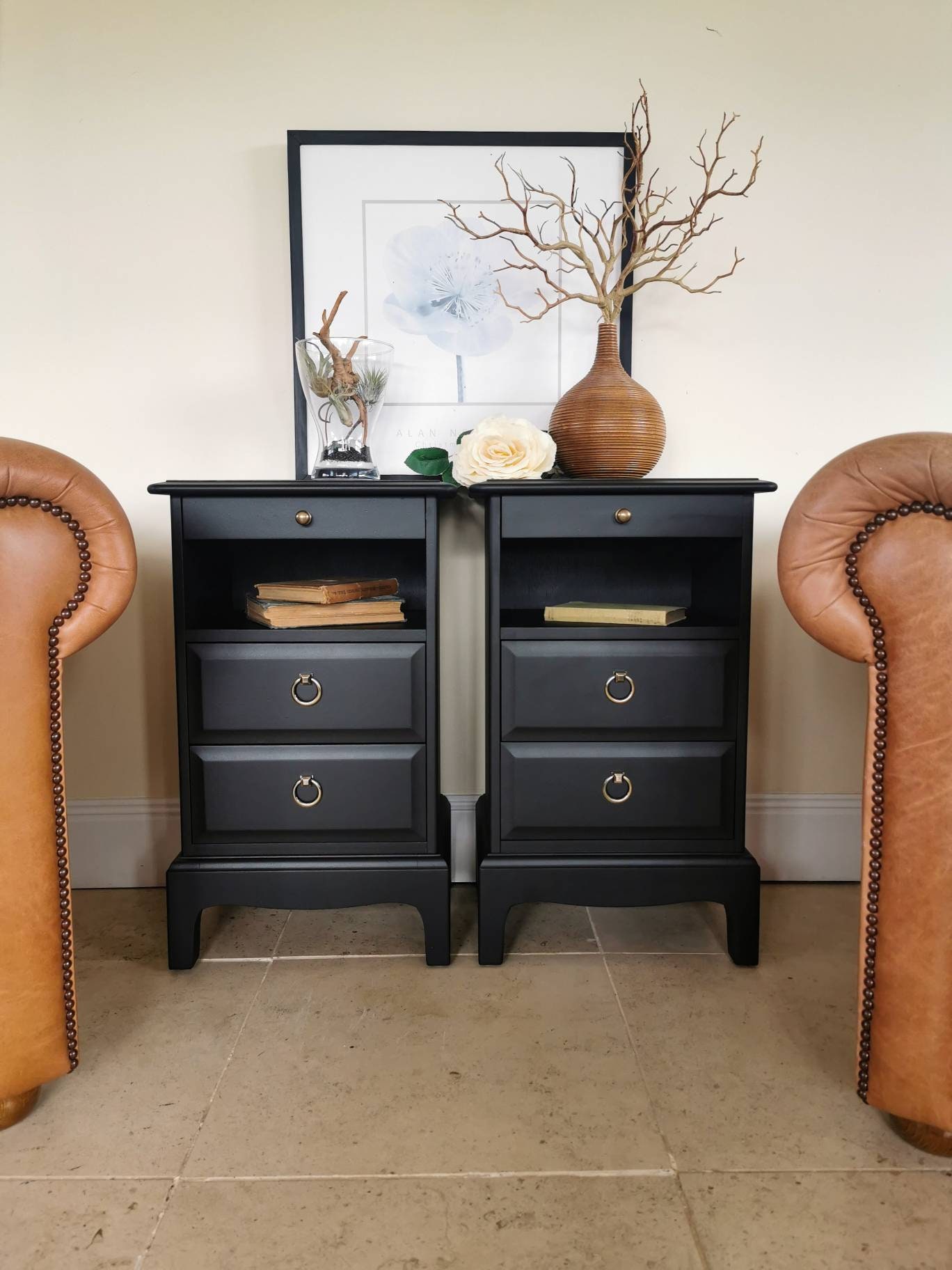 STAG BEDSIDE TABLES, Pair Drawer Slide Out Shelf, Painted For You ...