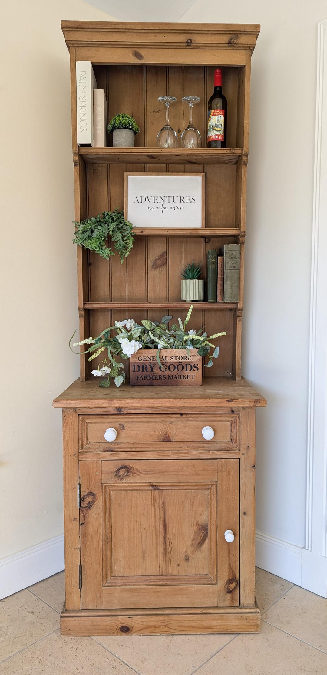 Tall Slim Vintage Rustic Solid Pitch Pine Welsh Dresser, Cupboards ...