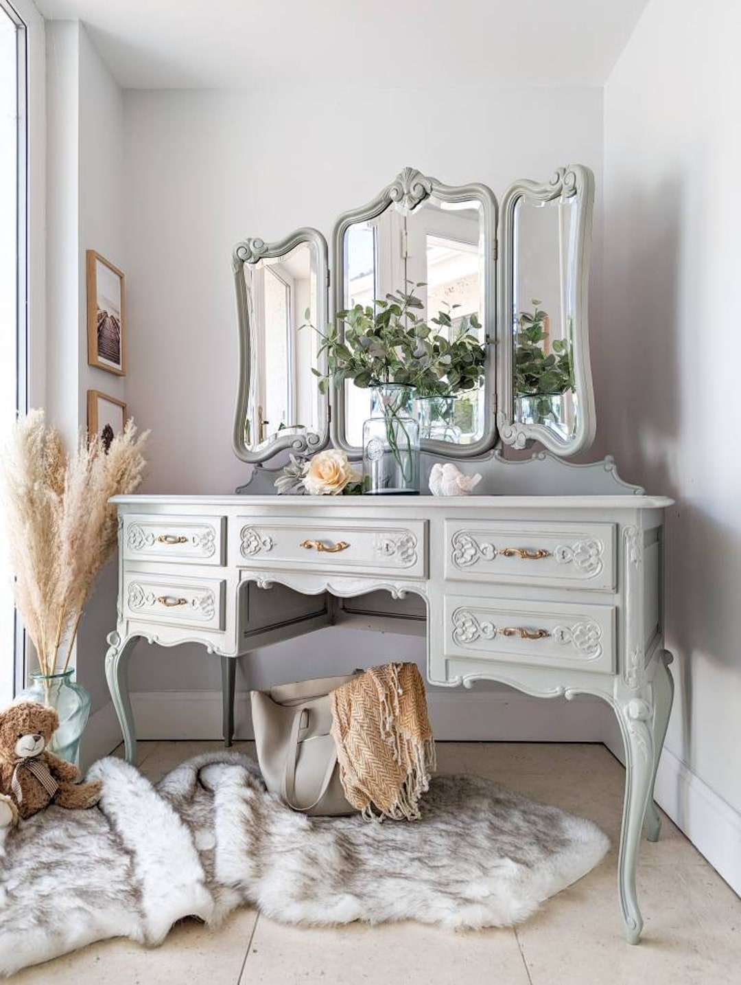 Sage French Ornate Dressing Table and Triple Mirror - Etsy UK