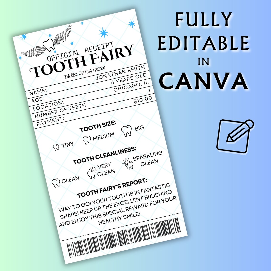 Editable Tooth Fairy Receipt Template Printable Lost Tooth Fairy ...