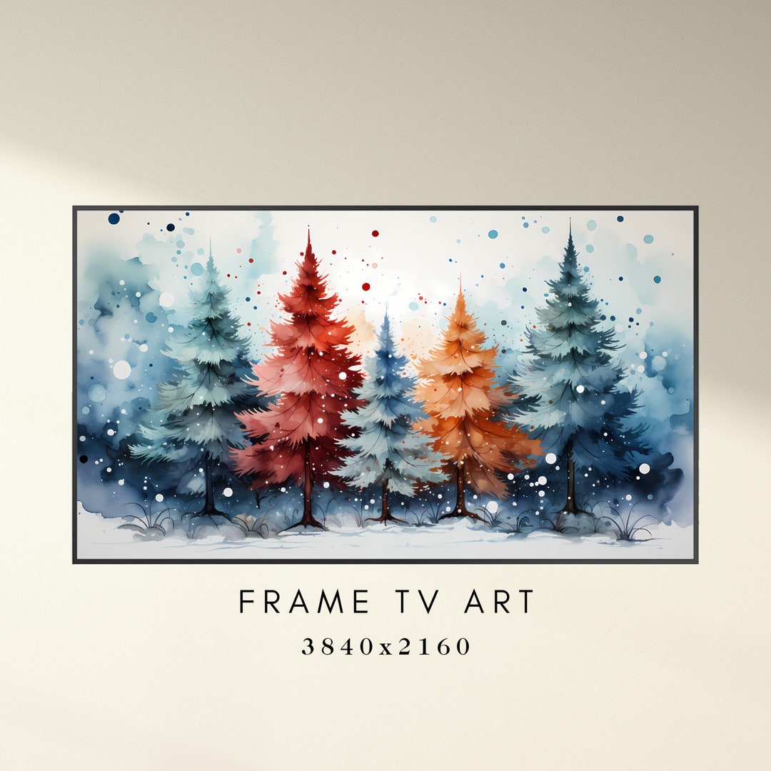 Christmas Frame TV Art - Watercolor Christmas Trees in Snow Art for TV ...
