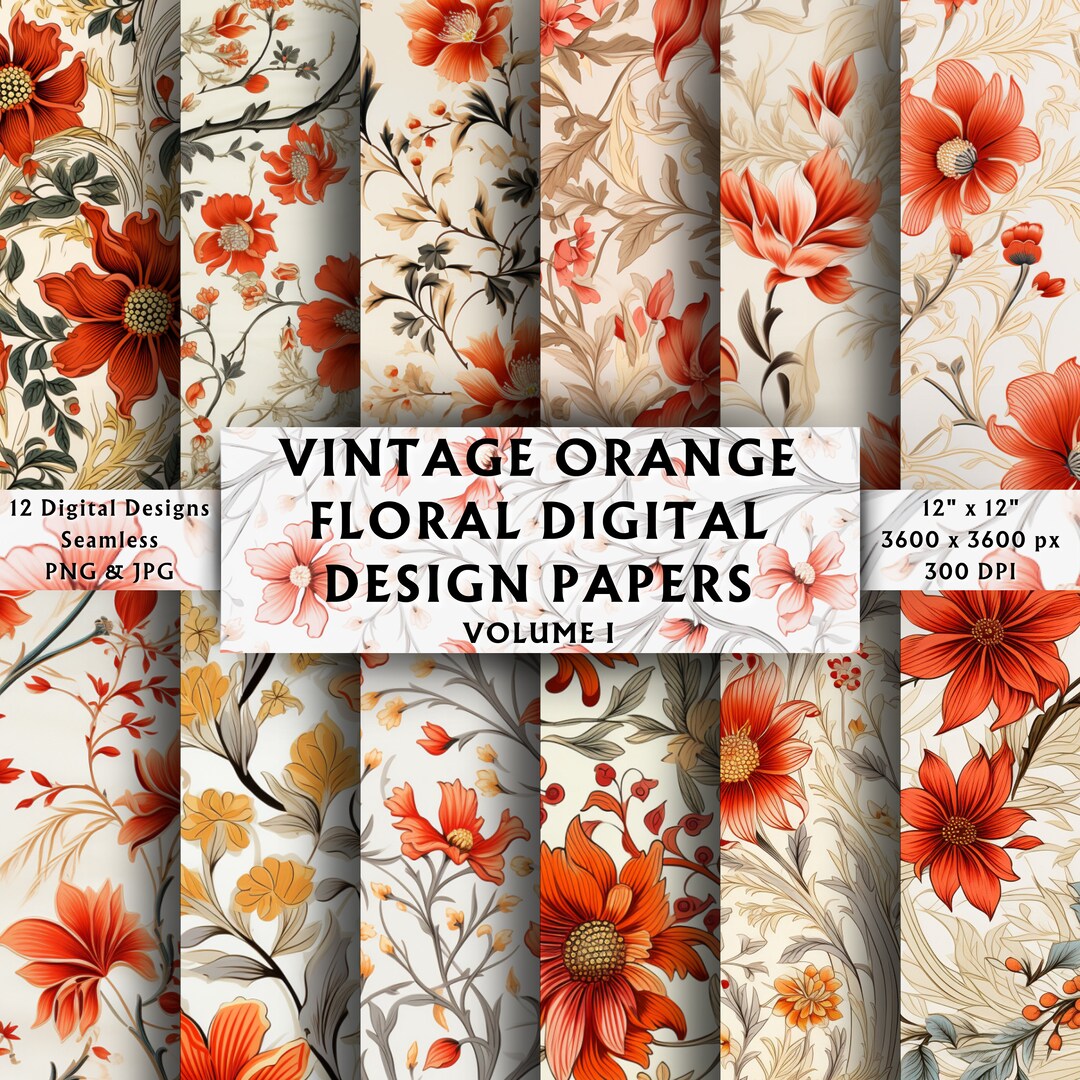Vintage Orange Floral Digital Papers Vol 1 - Scrapbook Paper - Seamless ...