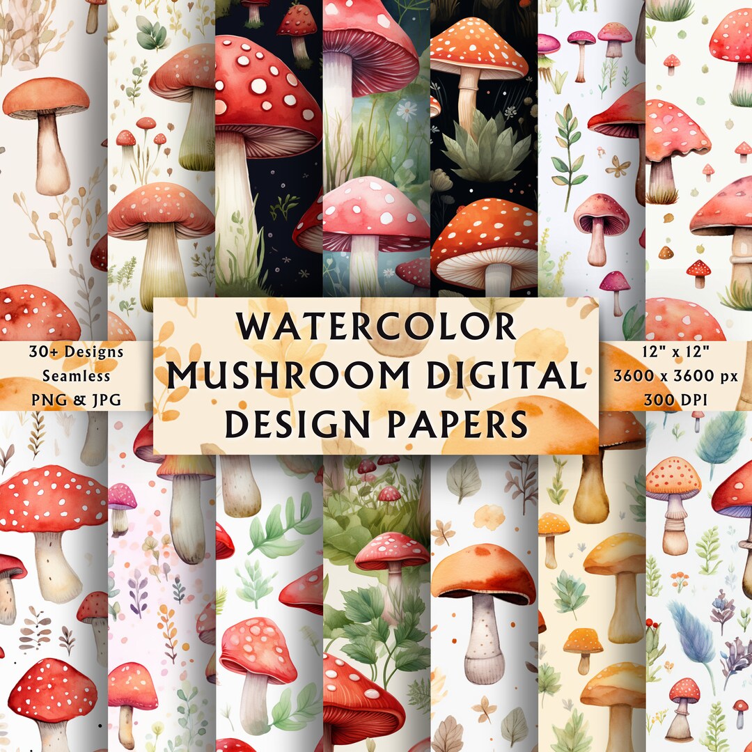 Watercolor Mushroom Digital Papers - Scrapbook Papers - Seamless ...