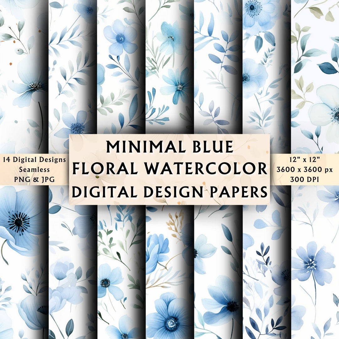 Minimal Blue Floral Watercolor Digital Paper - Scrapbook Paper ...
