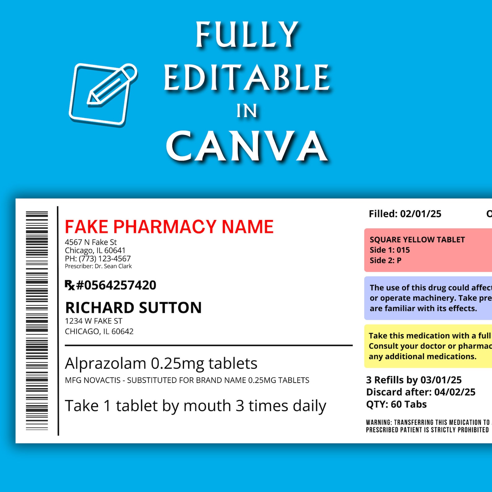 Editable Prescription Label Template - Printable Editable Horizontal RX ...