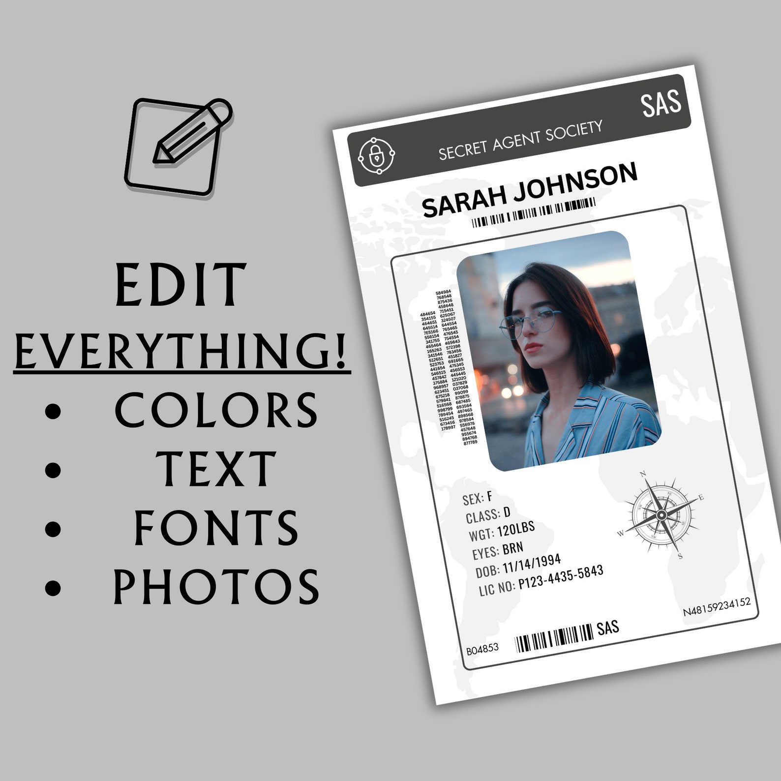 Editable Secret Agent ID Card Template - Printable Identification Cards ...