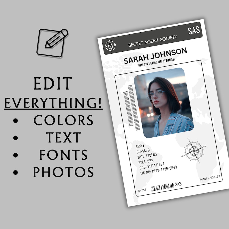 Editable Secret Agent ID Card Template - Printable Identification Cards ...