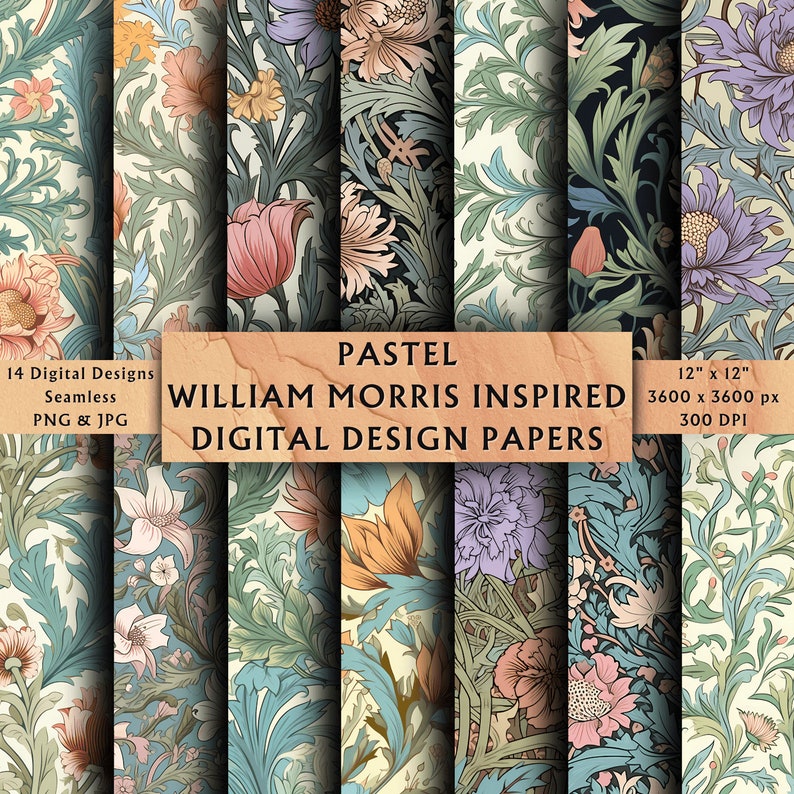 Pastel William Morris Inspired Digital Papers - Scrapbook Papers ...