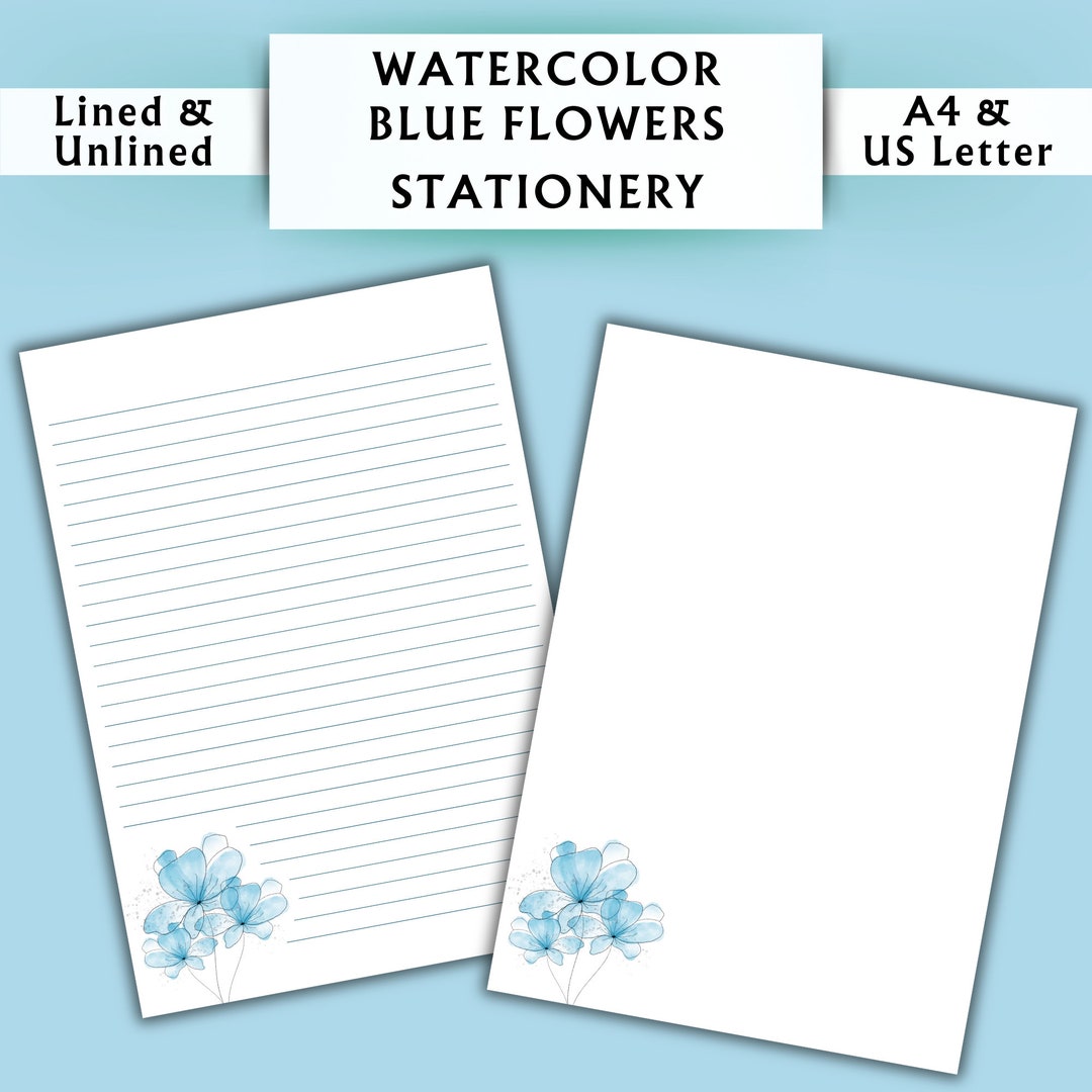 Watercolor Blue Flowers Stationery - Printable Stationery - Digital ...