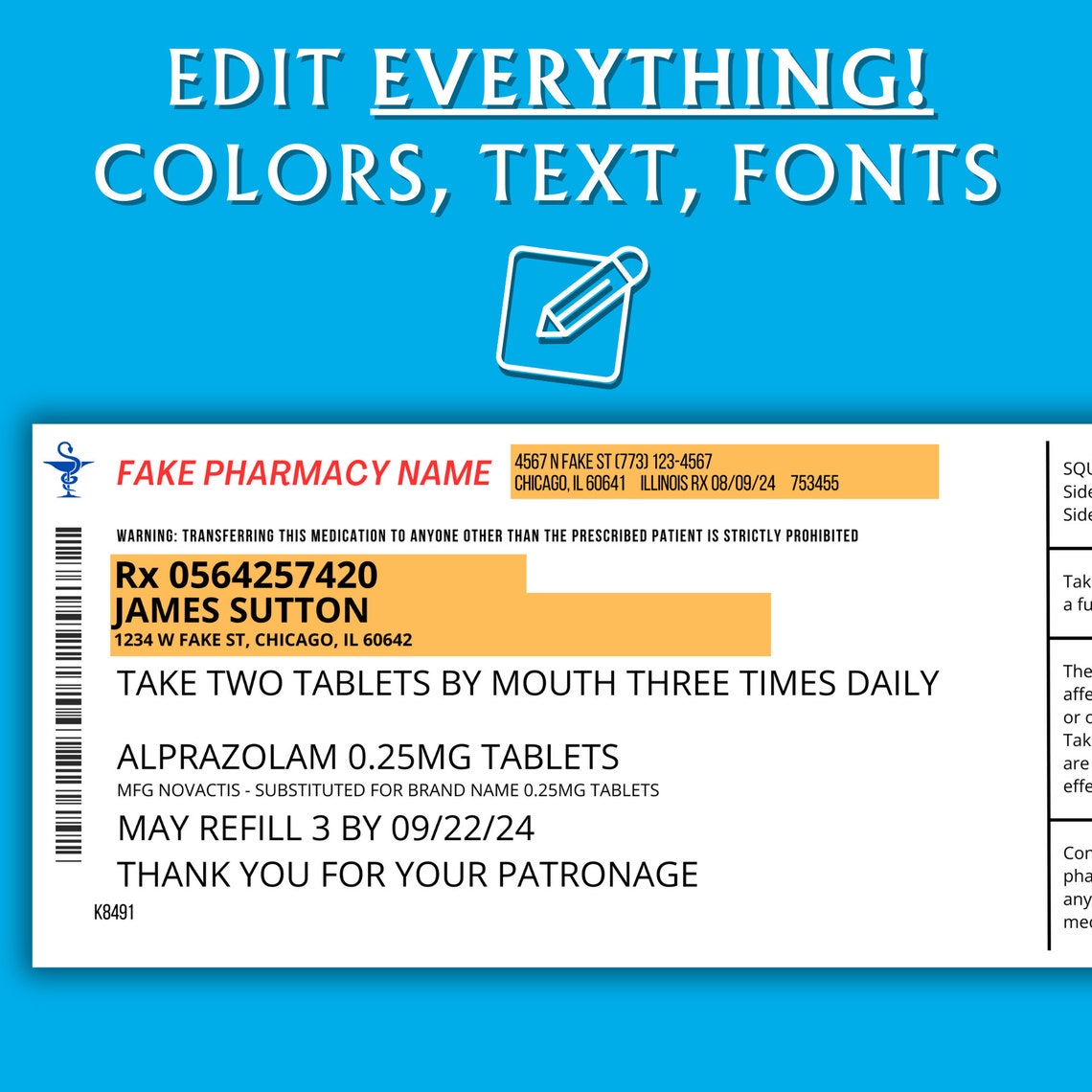 Editable Prescription Label Template - Printable Editable Horizontal RX ...