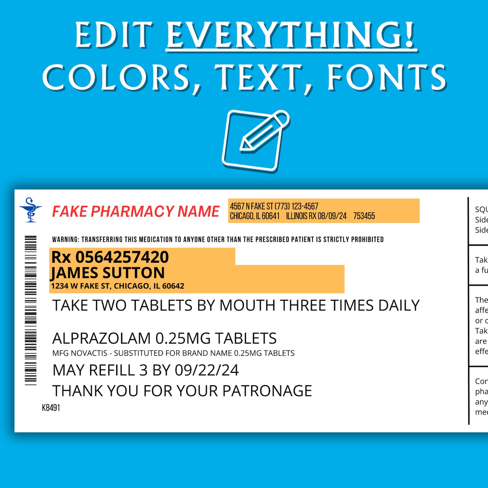 Editable Prescription Label Template - Printable Editable Horizontal RX ...