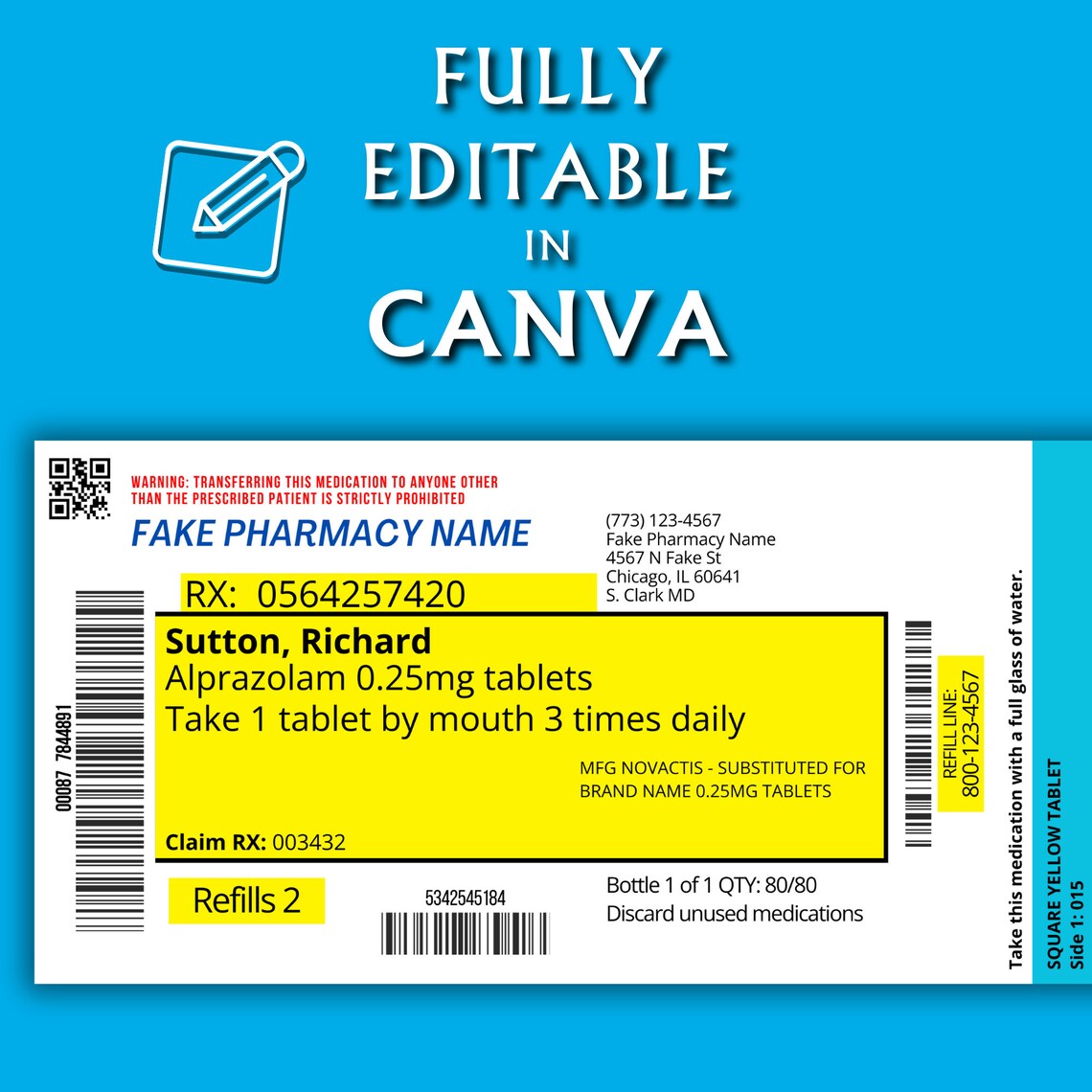 Editable Prescription Label Template - Printable Editable Horizontal RX ...