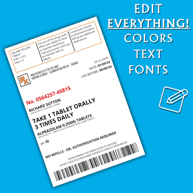 Editable Prescription Label Template - Printable Editable Vertical RX ...