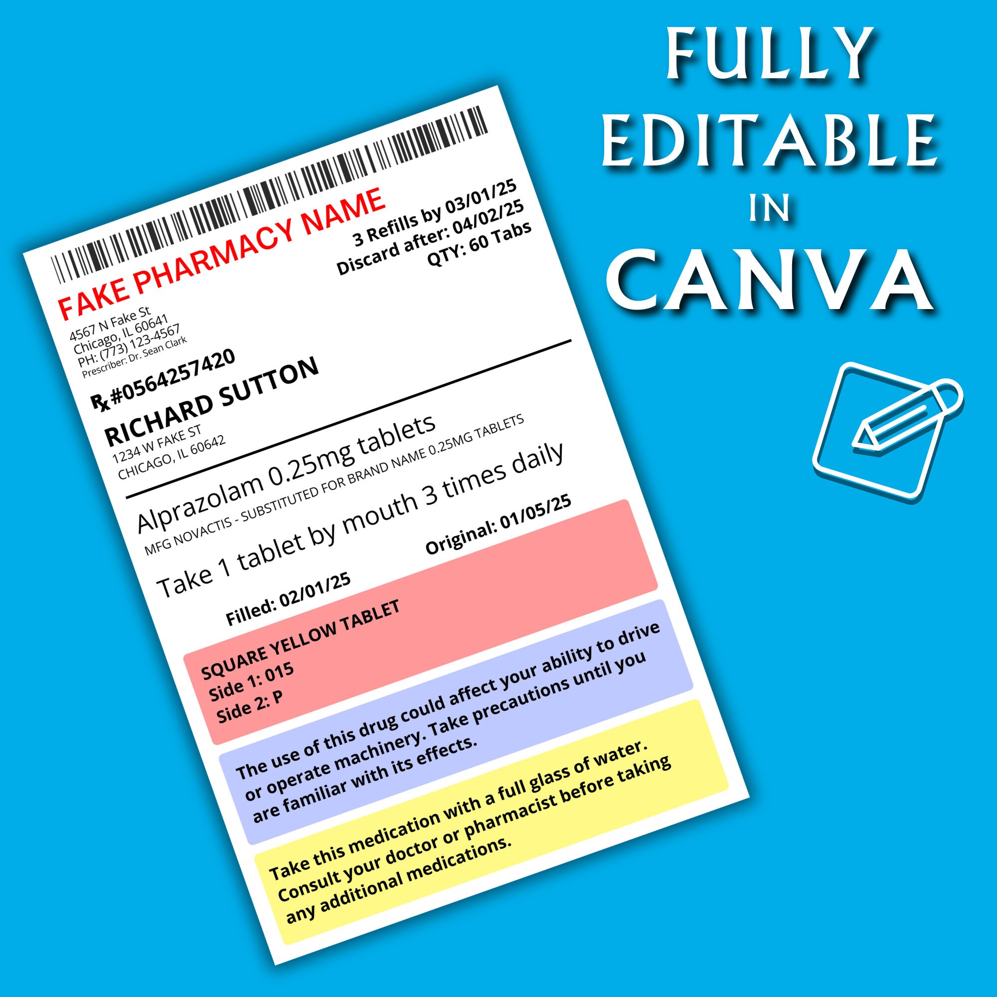 Editable Prescription Label Template Printable Editable Vertical RX ...