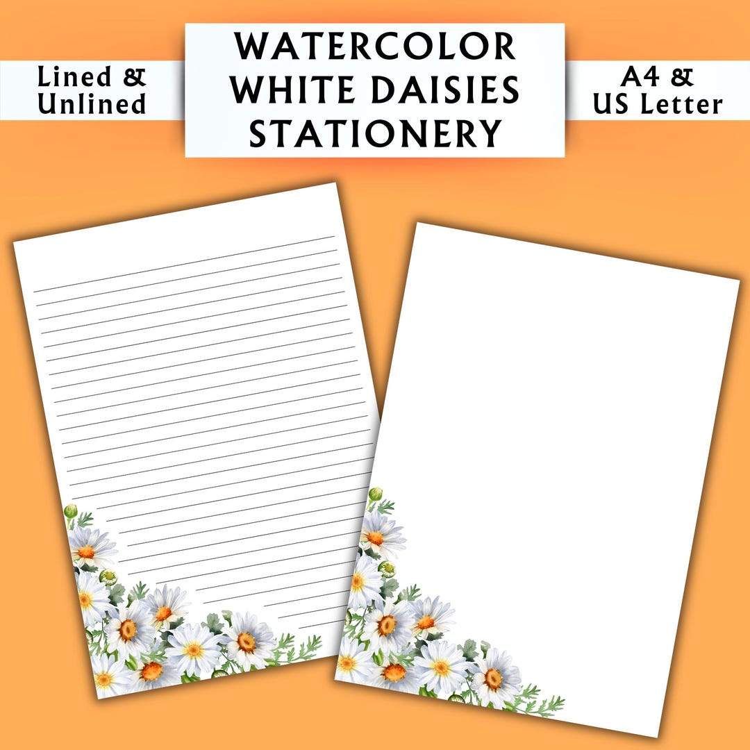 Watercolor White Daisies Stationery - Printable Stationery - Digital ...