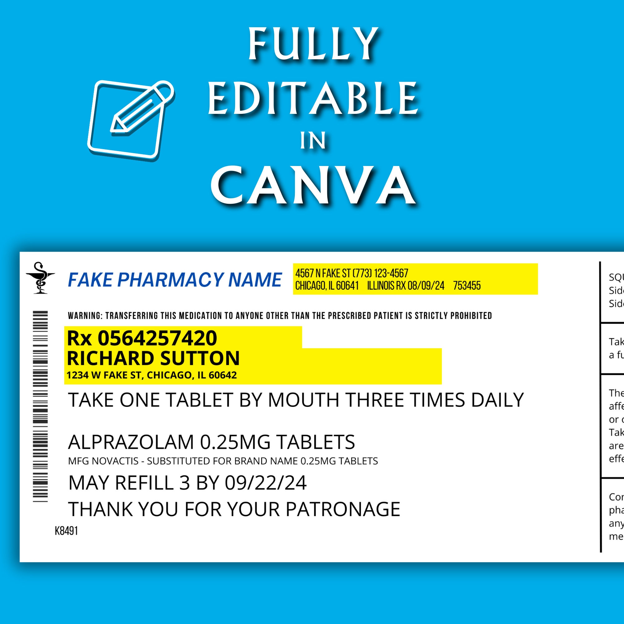 Editable Prescription Label Template Printable Editable Horizontal RX ...
