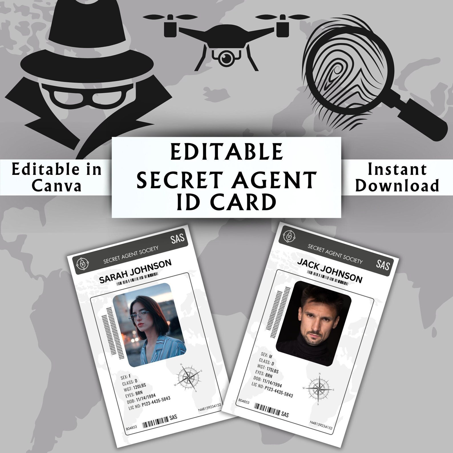 Editable Secret Agent ID Card Template - Printable Identification Cards ...