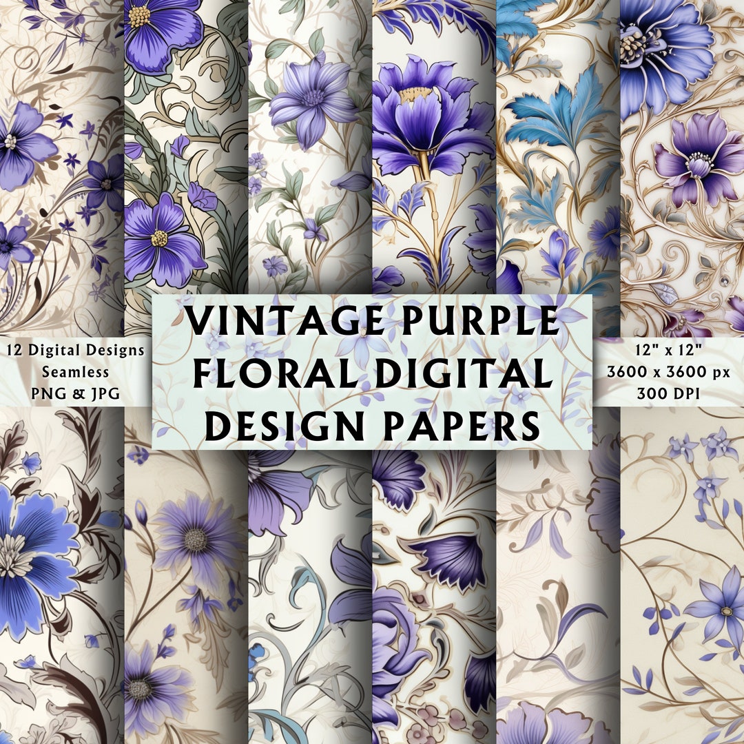 Vintage Purple Floral Digital Papers - Scrapbook Paper - Seamless ...