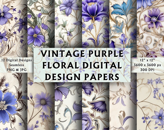 Purple Floral Digital Paper, Seamless Flower Bouquet Backgrounds ...