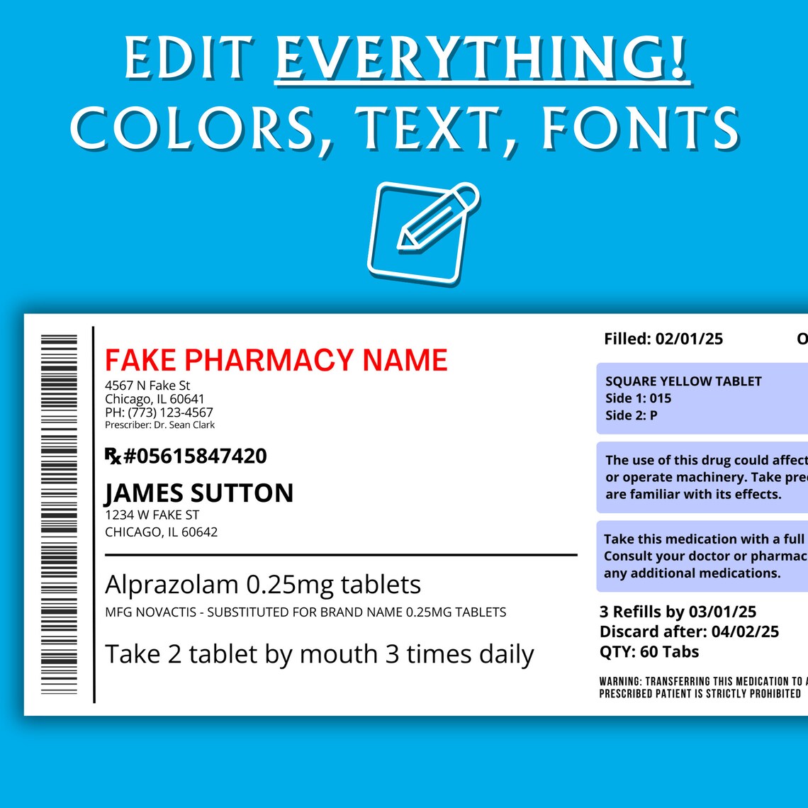 Editable Prescription Label Template - Printable Editable Horizontal RX ...