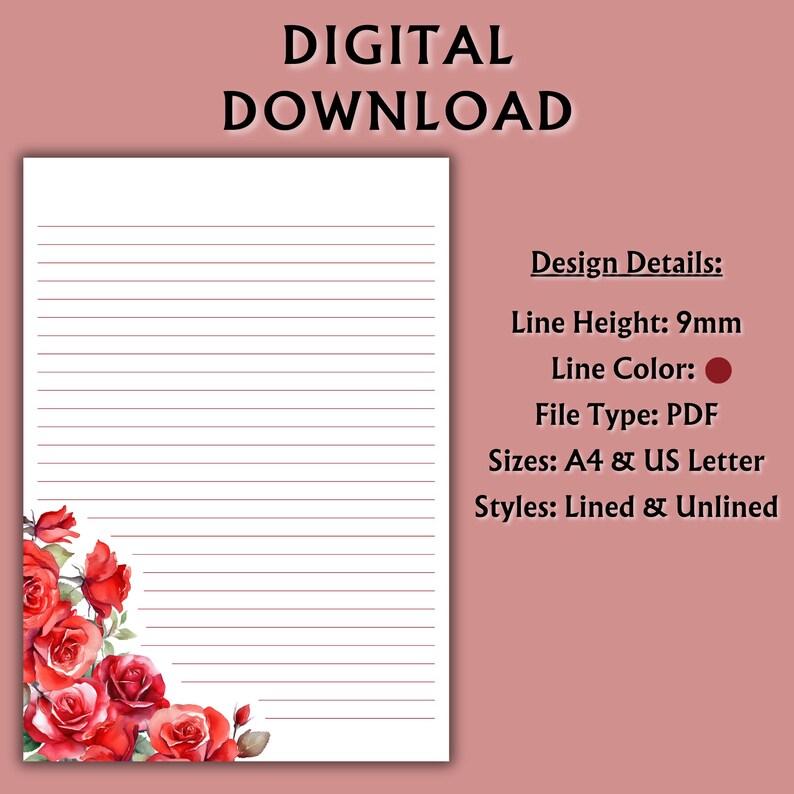 Watercolor Red Roses Stationery - Printable Stationery - Digital ...