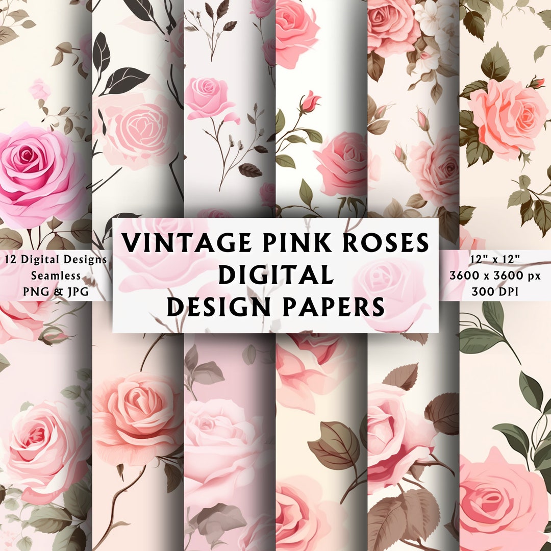 Vintage Pink Roses Digital Papers - Scrapbook Paper - Seamless ...