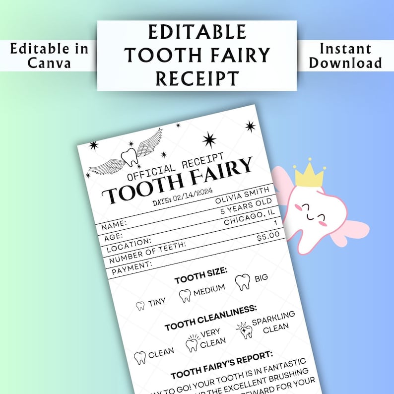 Editable Tooth Fairy Receipt Template Printable Lost Tooth Fairy ...