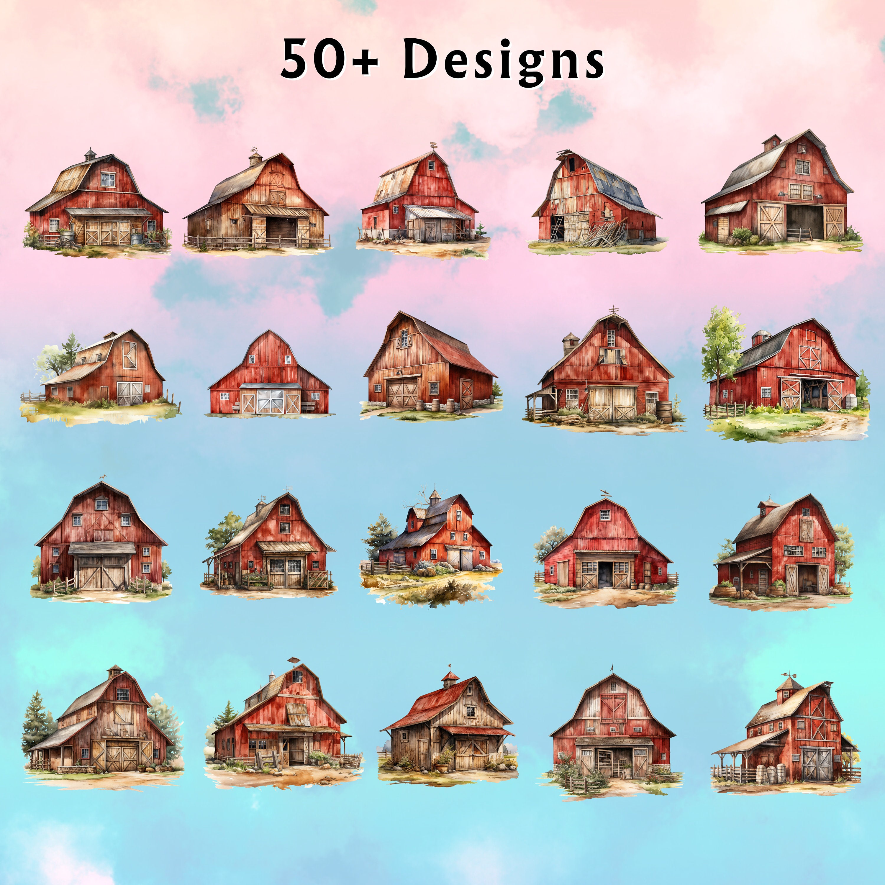 Watercolor Red Barn Clipart - Farm Clipart Bundle - Farming Barn ...