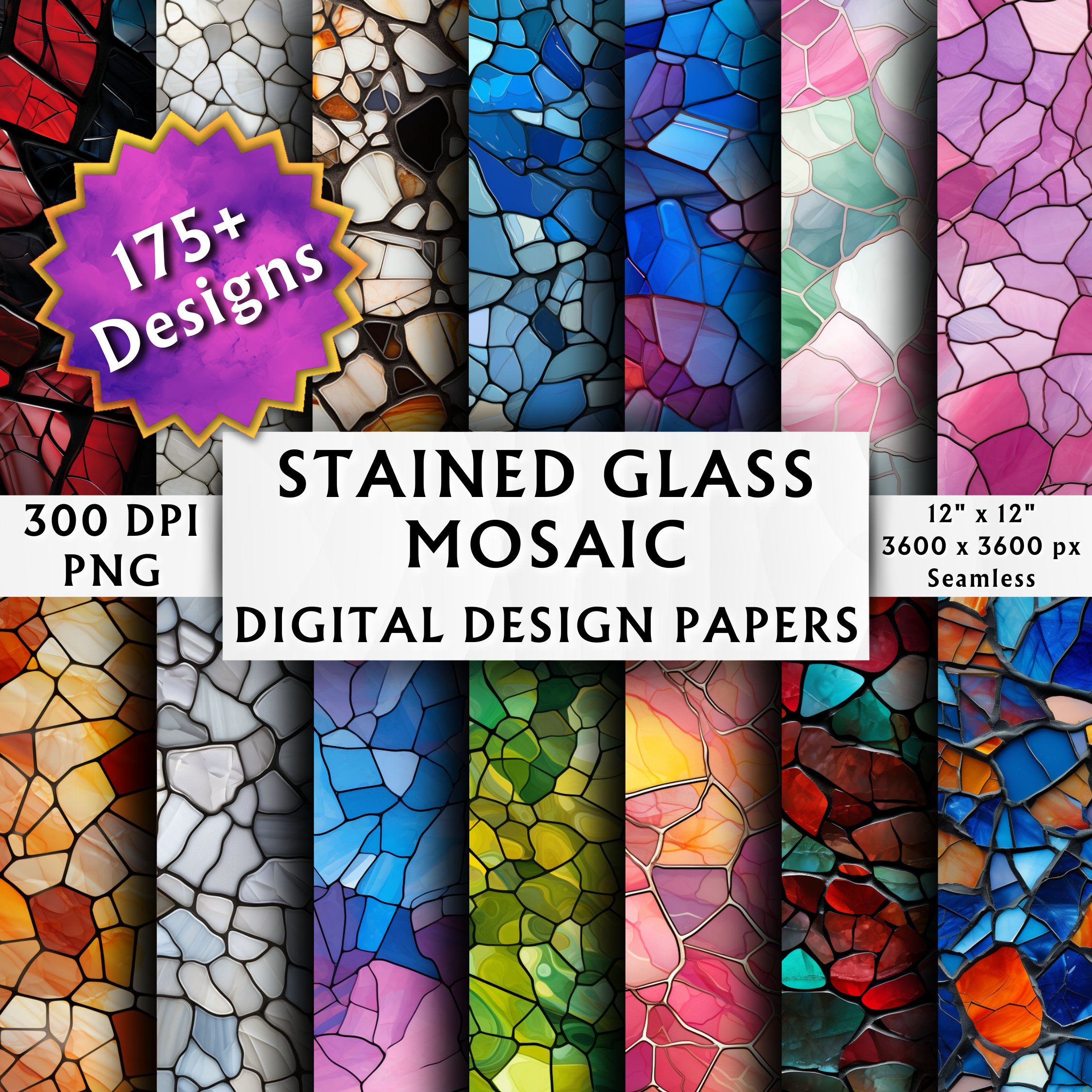Stained Glass Mosaic Digital Papers Seamless Paper Stained Glass ...
