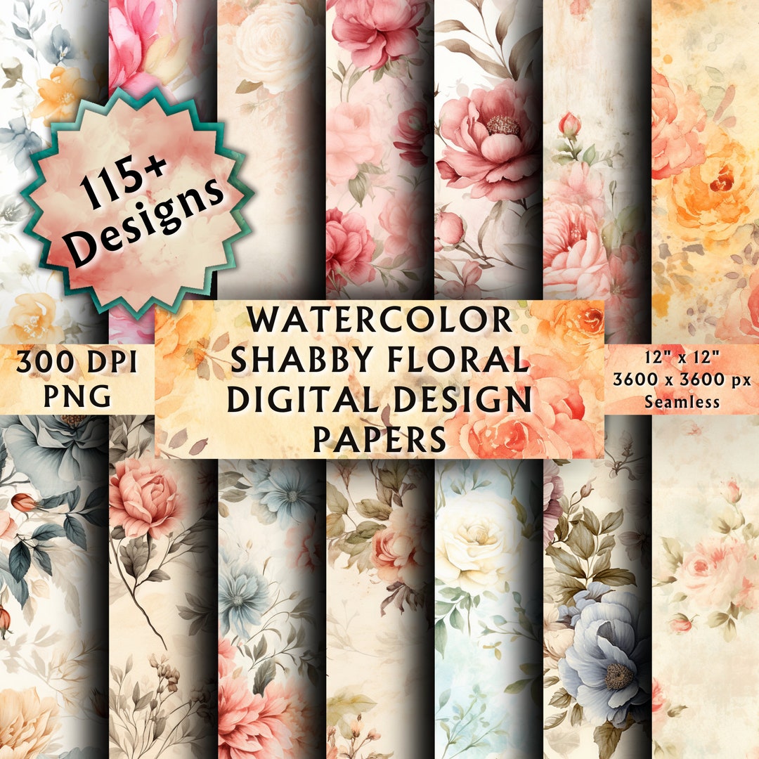 Watercolor Shabby Floral Digital Papers - Seamless Paper - Vintage ...