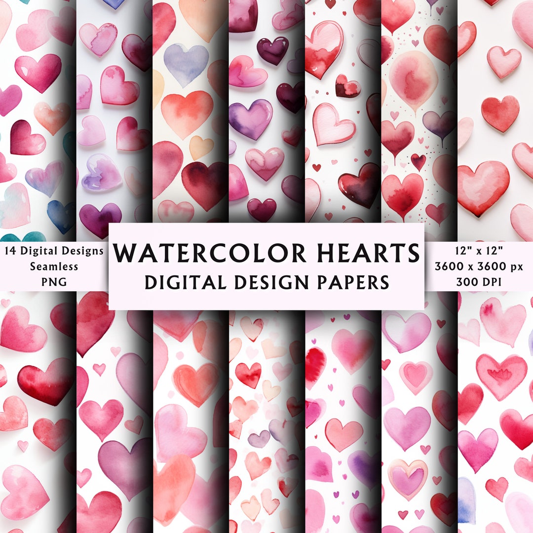 Watercolor Hearts Digital Papers - Seamless Heart Patterns - Scrapbook ...
