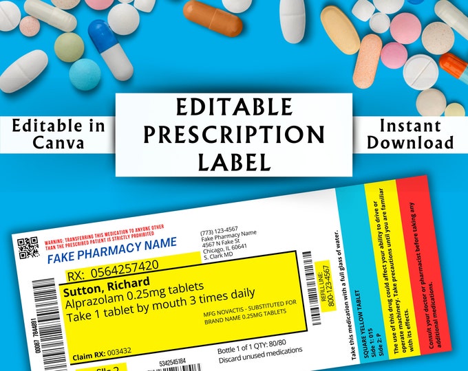 Editable Prescription Label Template - Printable Editable Horizontal RX ...