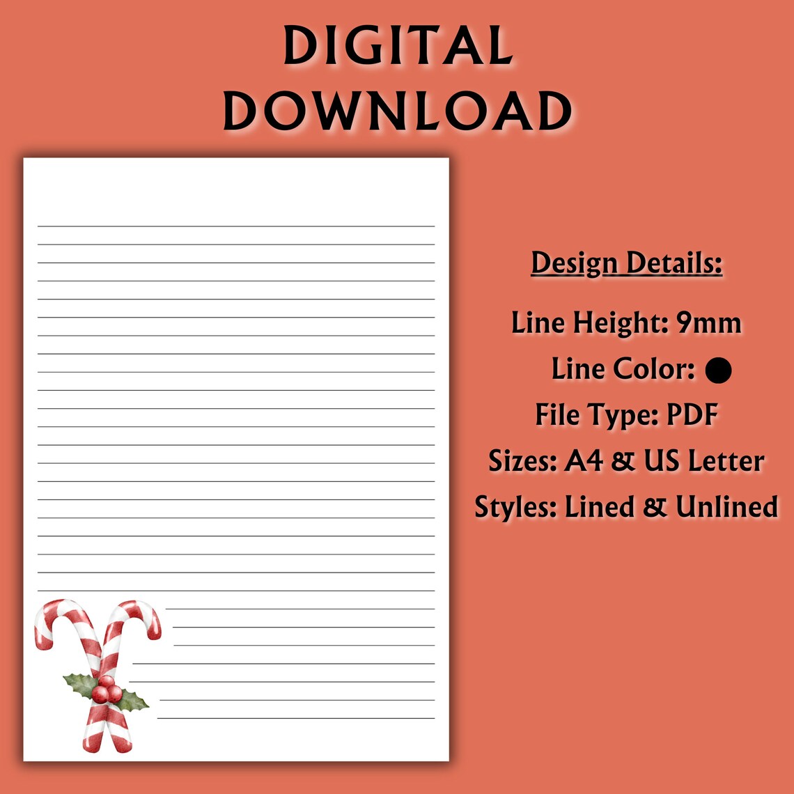 Watercolor Christmas Candy Canes Stationery - Printable Stationery ...