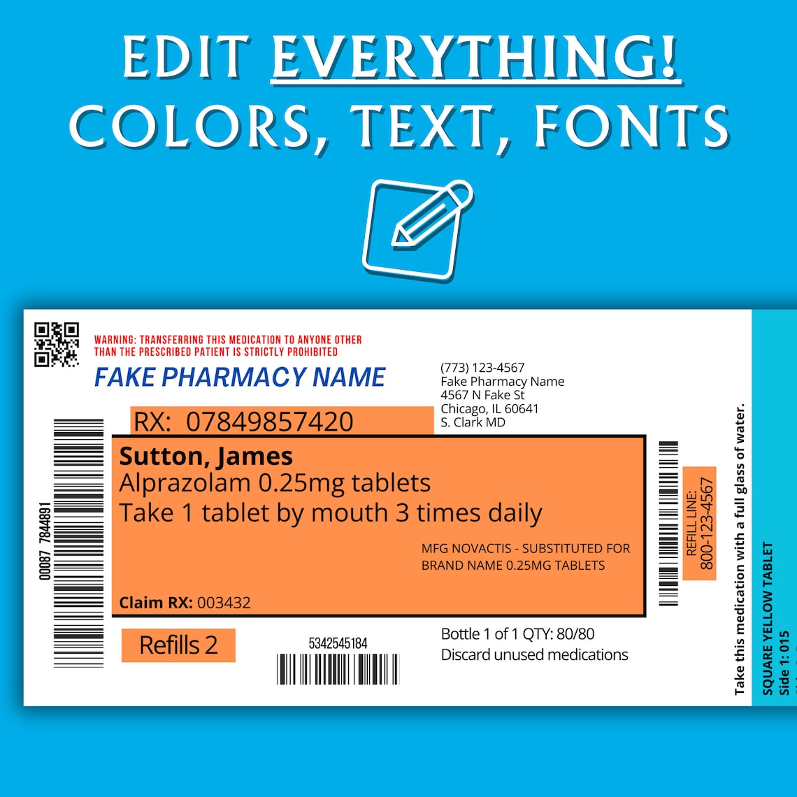 Editable Prescription Label Template - Printable Editable Horizontal RX ...