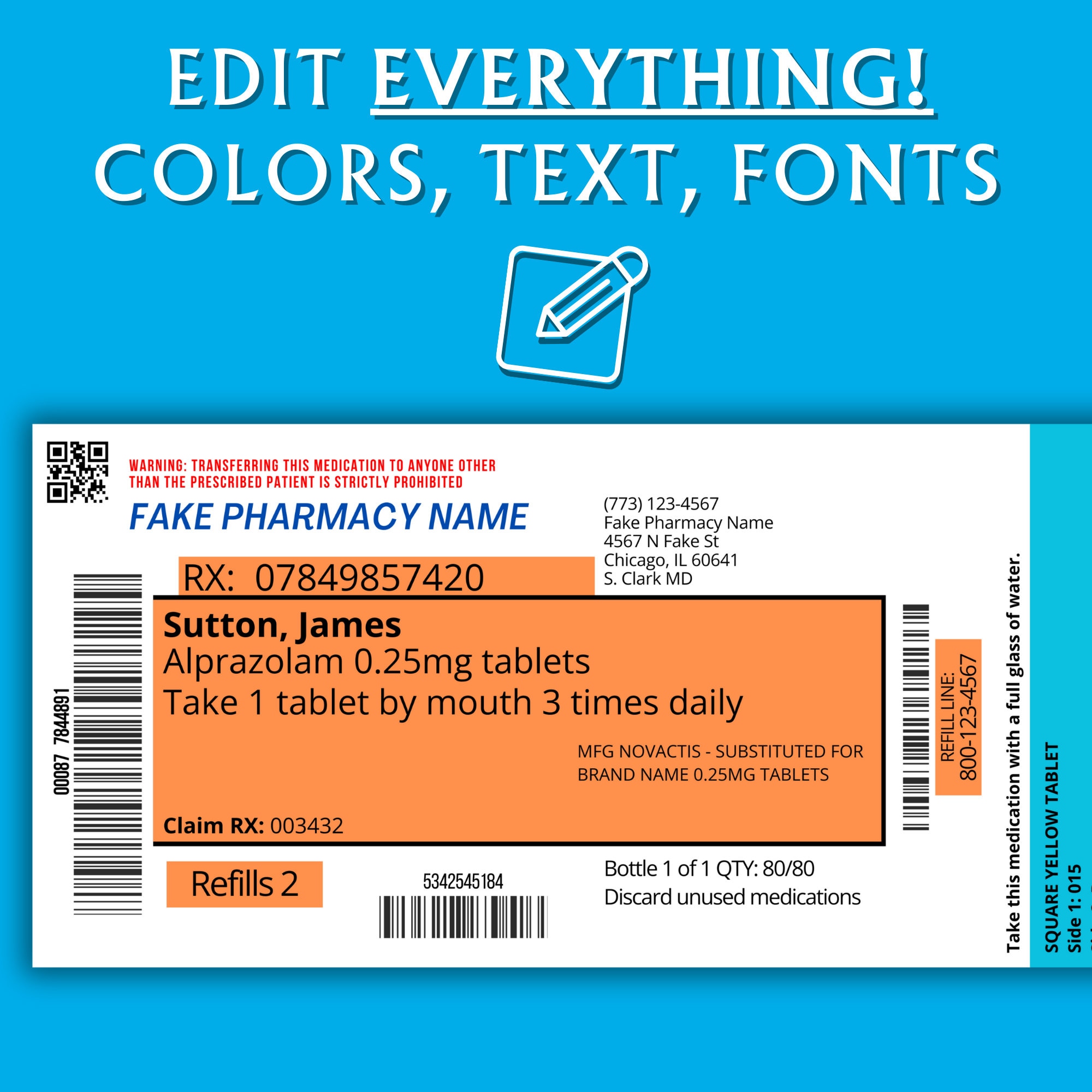 Editable Prescription Label Template - Printable Editable Horizontal RX ...