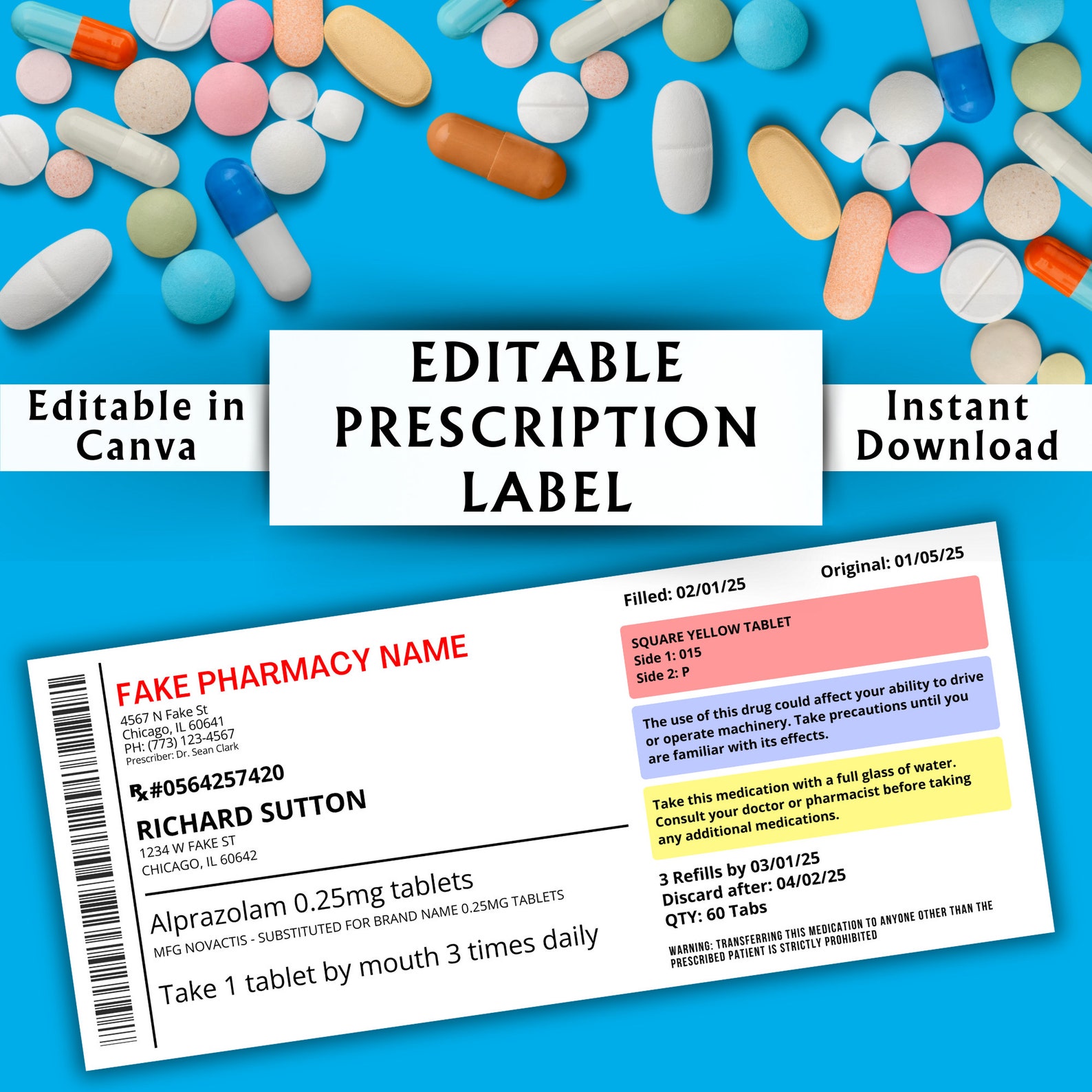 Editable Prescription Label Template - Printable Editable Horizontal RX ...