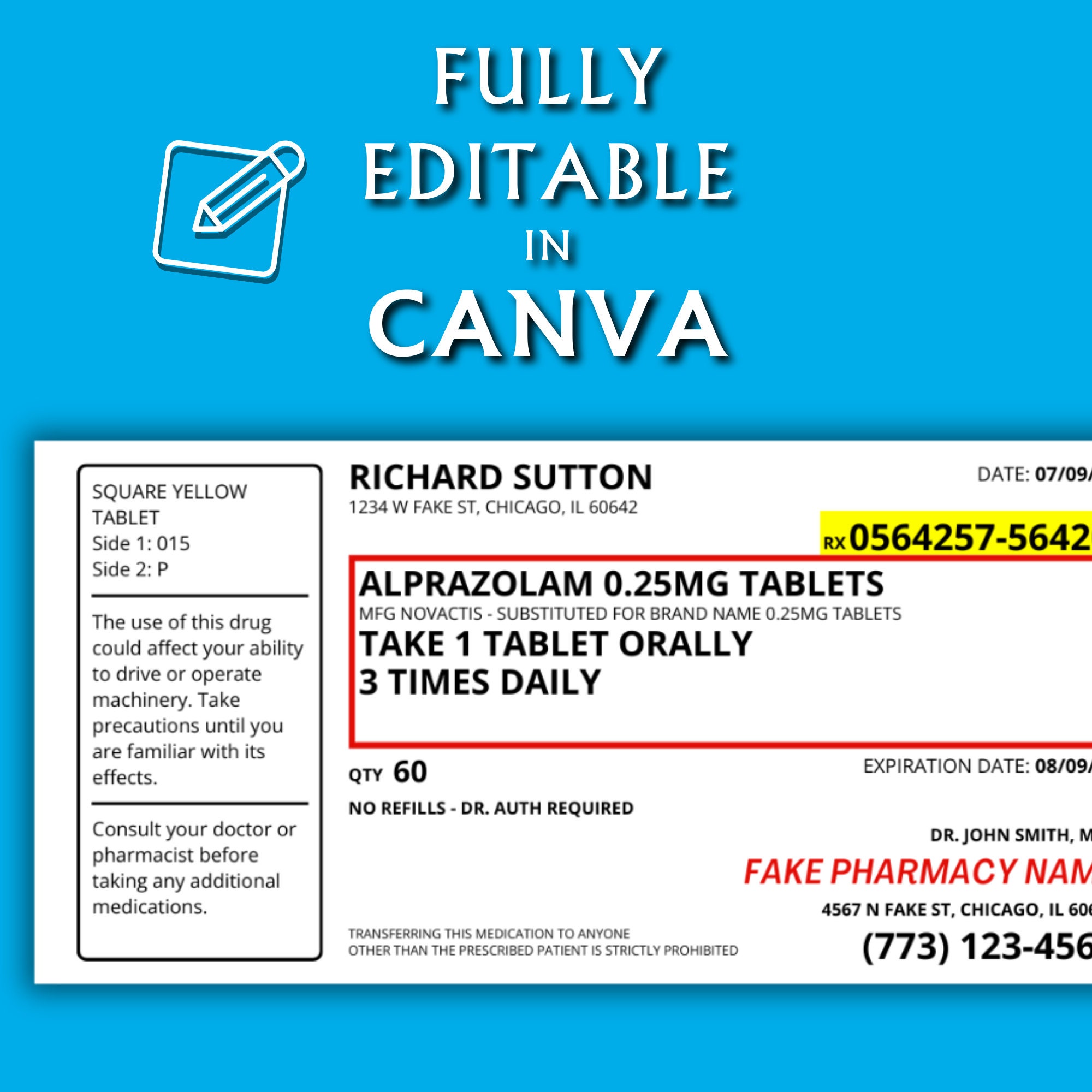 Editable Prescription Label Template Printable Editable Horizontal RX ...