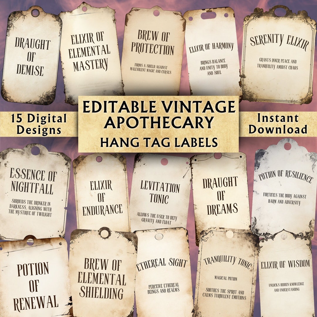 Editable Vintage Apothecary Hang Tag Labels - Printable Apothecary Bottle Labels - Custom ...