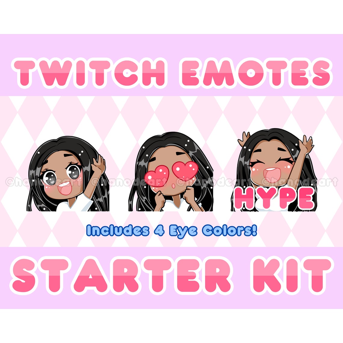 Twitch Emotes Starter Kit Hello, Heart Eyes, Hype black Hair - Etsy