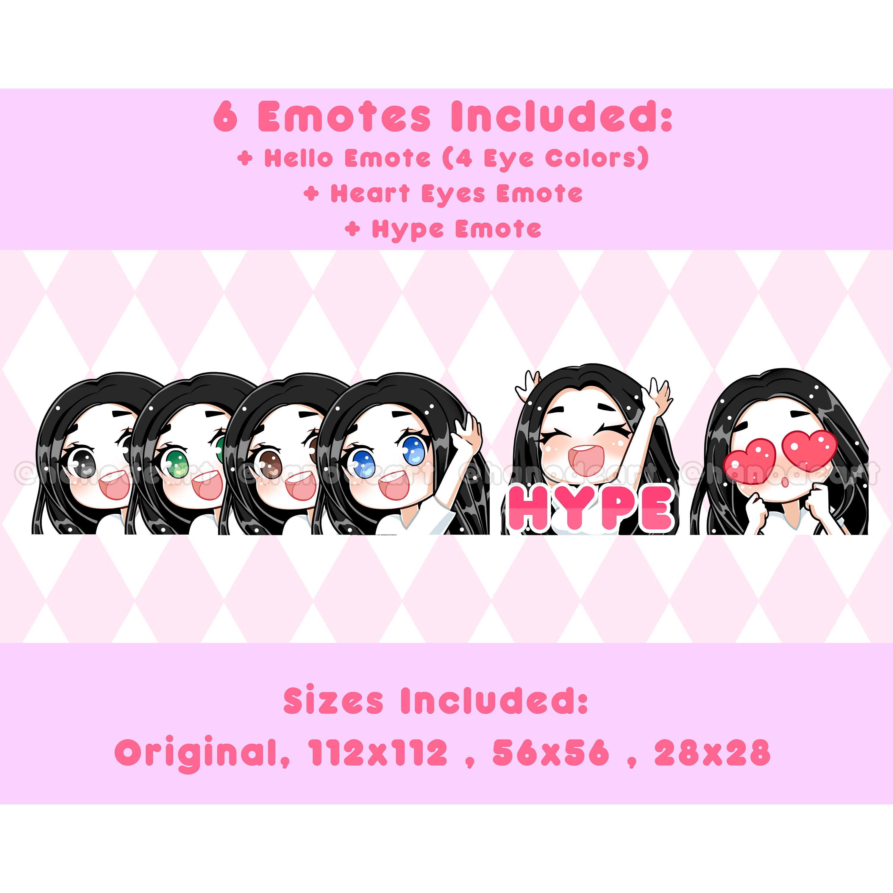 Twitch Emotes Starter Kit - Hello, Heart Eyes, Hype (black Hair) - Etsy