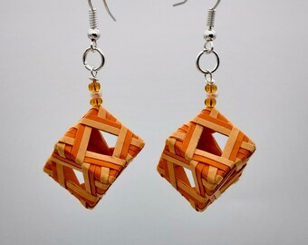 NEON ORANGE and WHITE Origami Cube Earrings French Wires Fun Papercraft ...