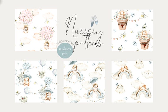 Nursery digital paper pack Watercolor cute bunnies Rainbow | Etsy
