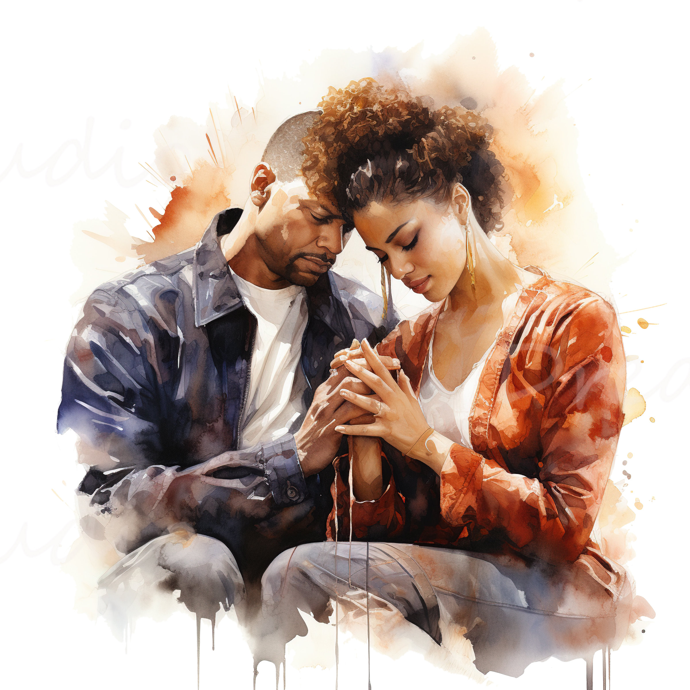 Couple Praying Clipart, Black Couple Prayers Clipart, Afro American ...