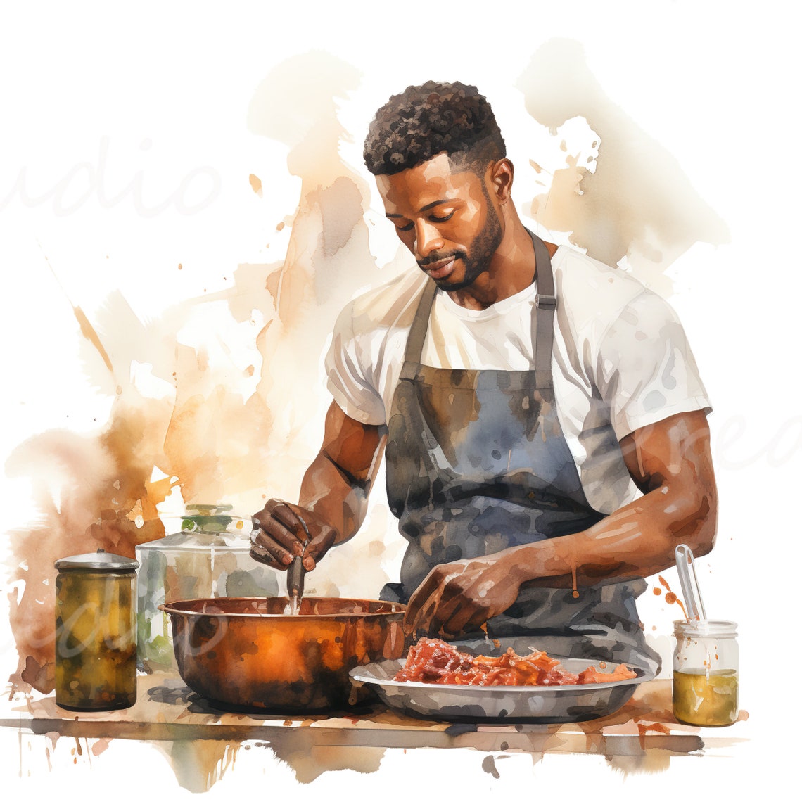 Cooking Clipart, Watercolor Black Man Clipart, Man Cooking PNG, Black ...
