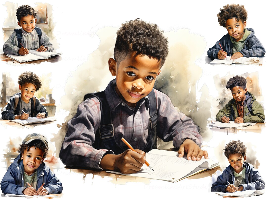 Black Boy Writing Clipart, Learning Clipart, Afro American Boy PNG ...